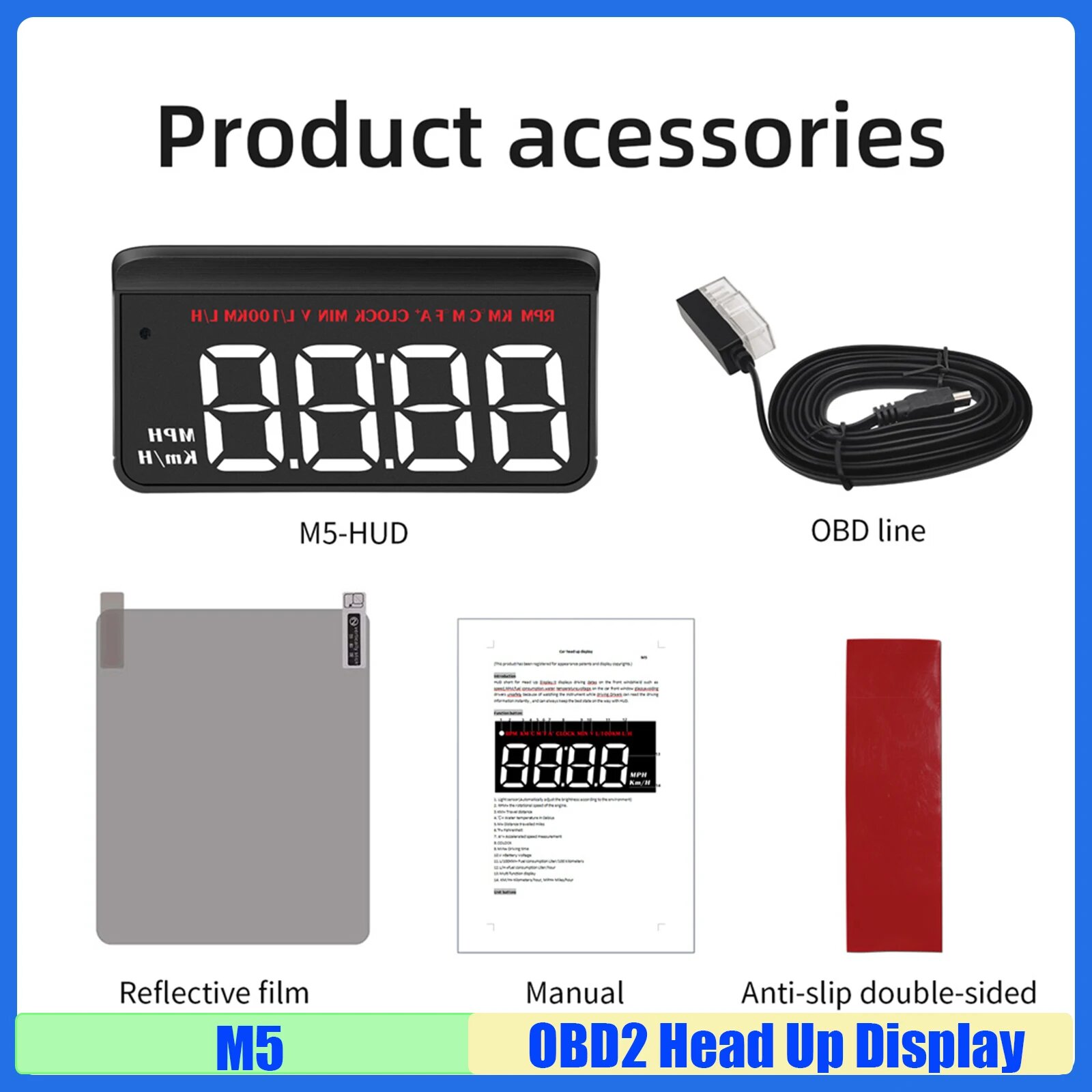 M5 Автомобильный HUD Новый OBD2 Бортовой компьютер Проекционный дисплей Проектор на лобовом стекле Спидометр Об/мин Напряжение Часы Температура воды Сигнализация на заказ