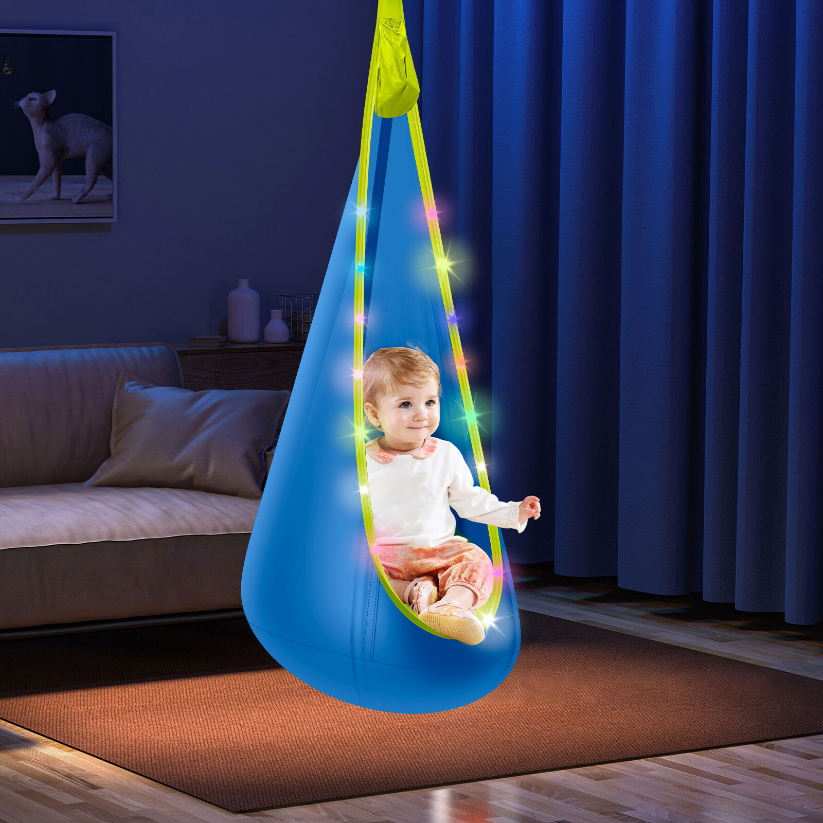 Надувное подвесное кресло из нейлона с LED подсветкой (синее, для кемпинга и дома)