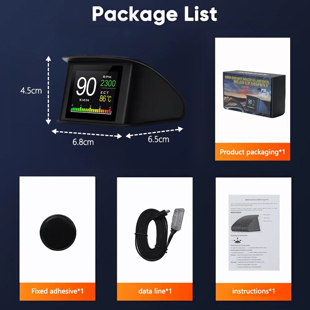 P10 Проекционный дисплей Встроенный компьютер Автомобильный цифровой OBD2 Пробег OBD Дисплей компьютера вождения Спидометр Датчик температуры, Черный
