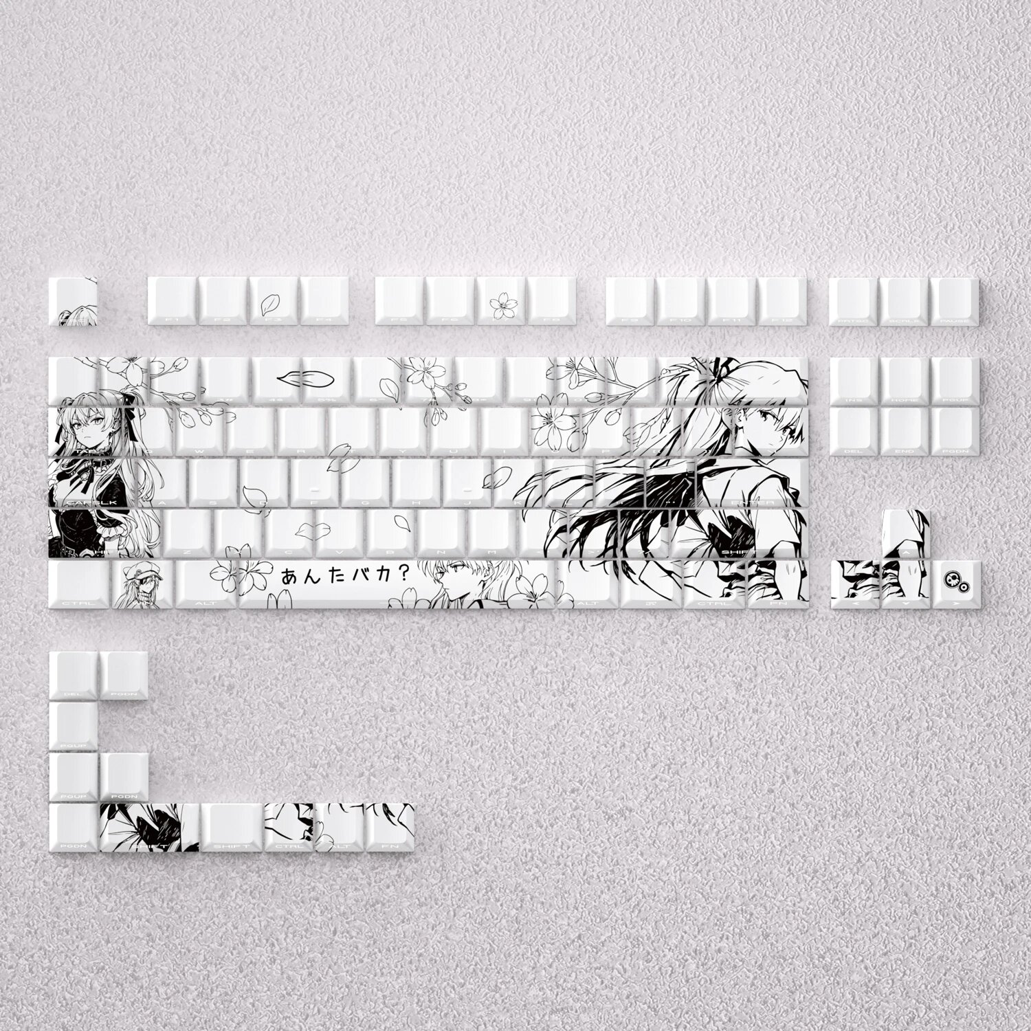 Keybcustz Asuka Keycaps 73/98 White PBT Anime Mechanical Keyboard Keycaps AULA 98 keys side print