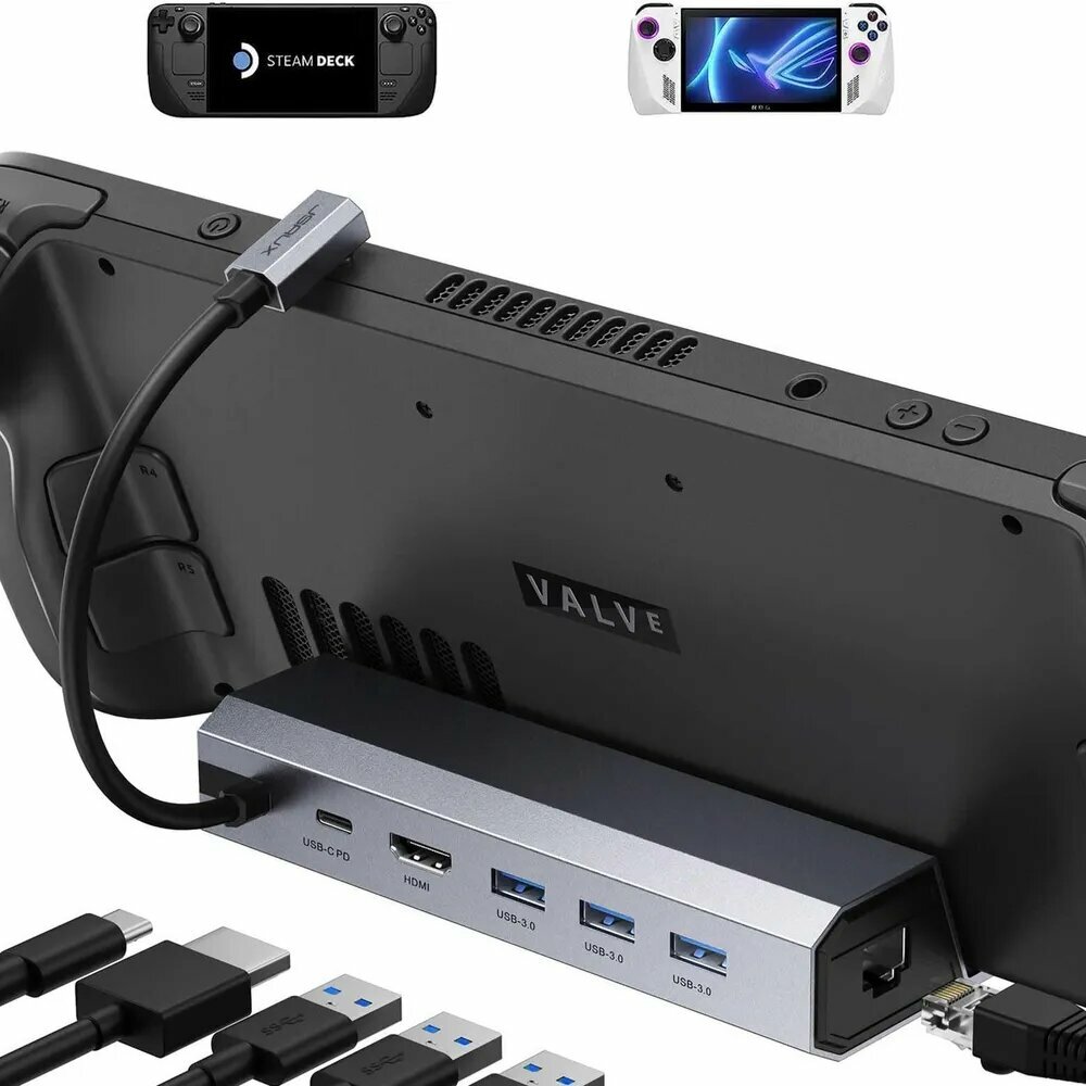 JSAUX 6-в-1 Steam Deck Oled/Rog Ally Dock Док-станция с 6 портами подключения & Переходник на 90 градусов