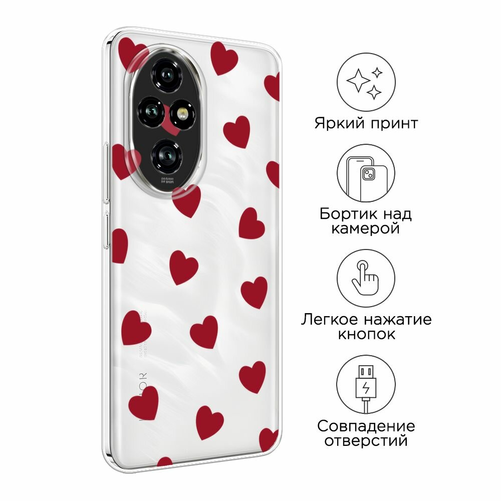 Чехол на Honor 200 Pro / Хонор 200 Про с принтом "Бордовые сердечки паттерн - 14 февраля", прозрачный — фото 1