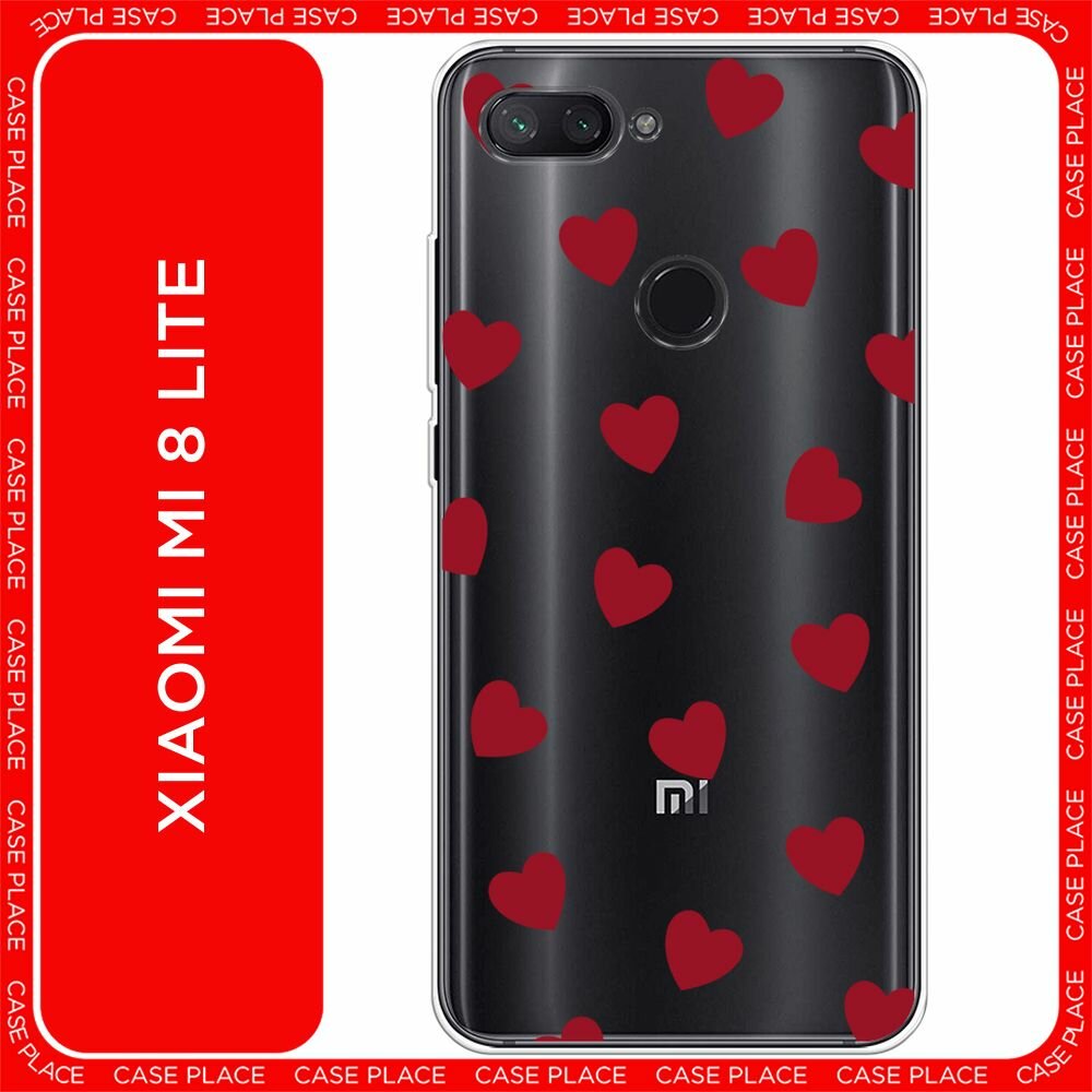 Чехол на Xiaomi Mi 8 Lite (Youth Edition) с принтом "Бордовые сердечки паттерн - 14 февраля", прозрачный