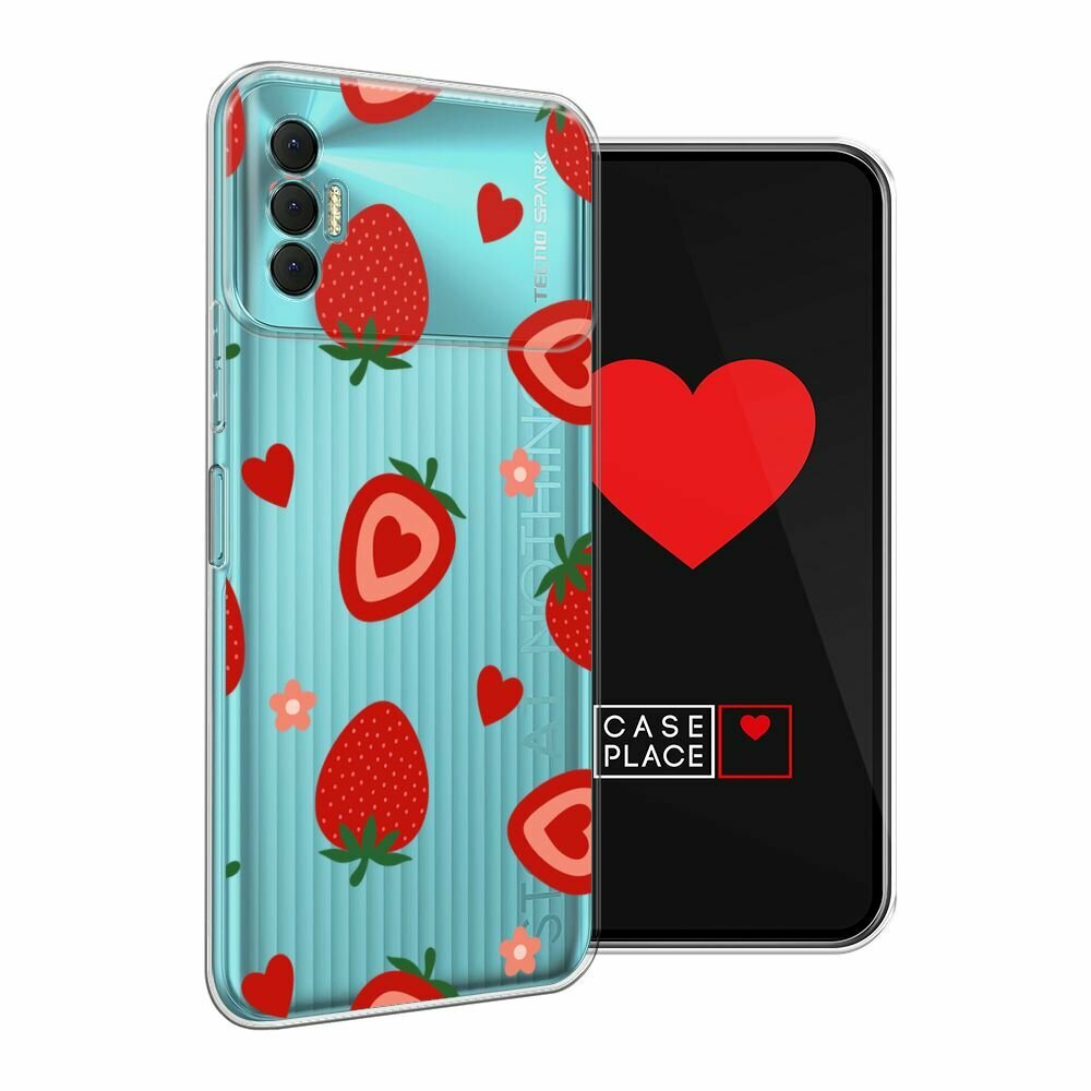 Чехол на Tecno Spark 8P / Техно Спарк 8P с принтом "Heart strawberries 2 - 14 февраля", прозрачный — фото 1