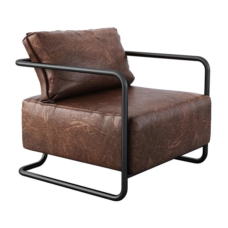 American Single Leather Sofa Chair Industrial Style Loft Apartment Living Room Lazy Sofa Modern Business Lounge Chair, brown