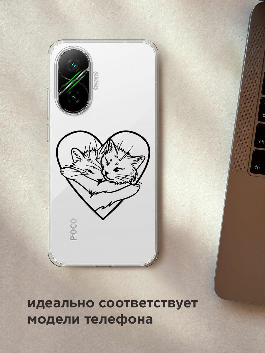 Чехол на Poco F7 / Поко F7 с принтом "Влюблённые котики рисунок 3 - 14 февраля", прозрачный — фото 1