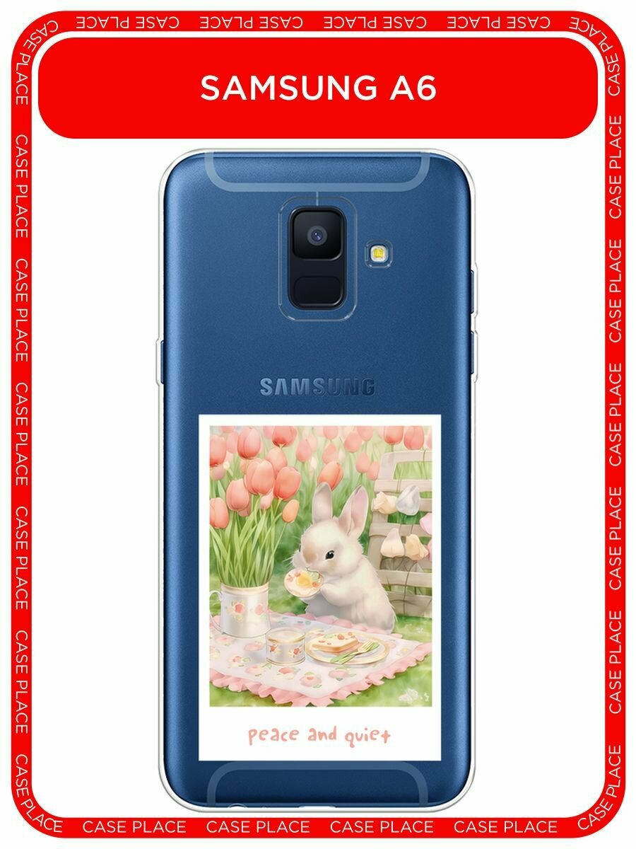 Чехол на Samsung Galaxy A6 / Самсунг Галакси А6 с принтом "Кролик на пикнике", прозрачный