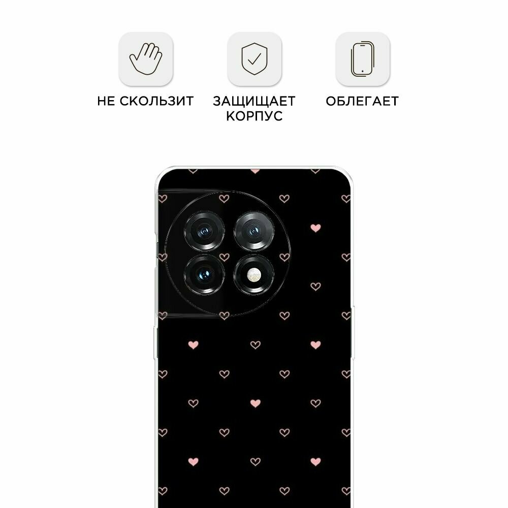 Чехол на OnePlus 11 / Ван Плас 11 с принтом "Черный фон и сердечки" — фото 1