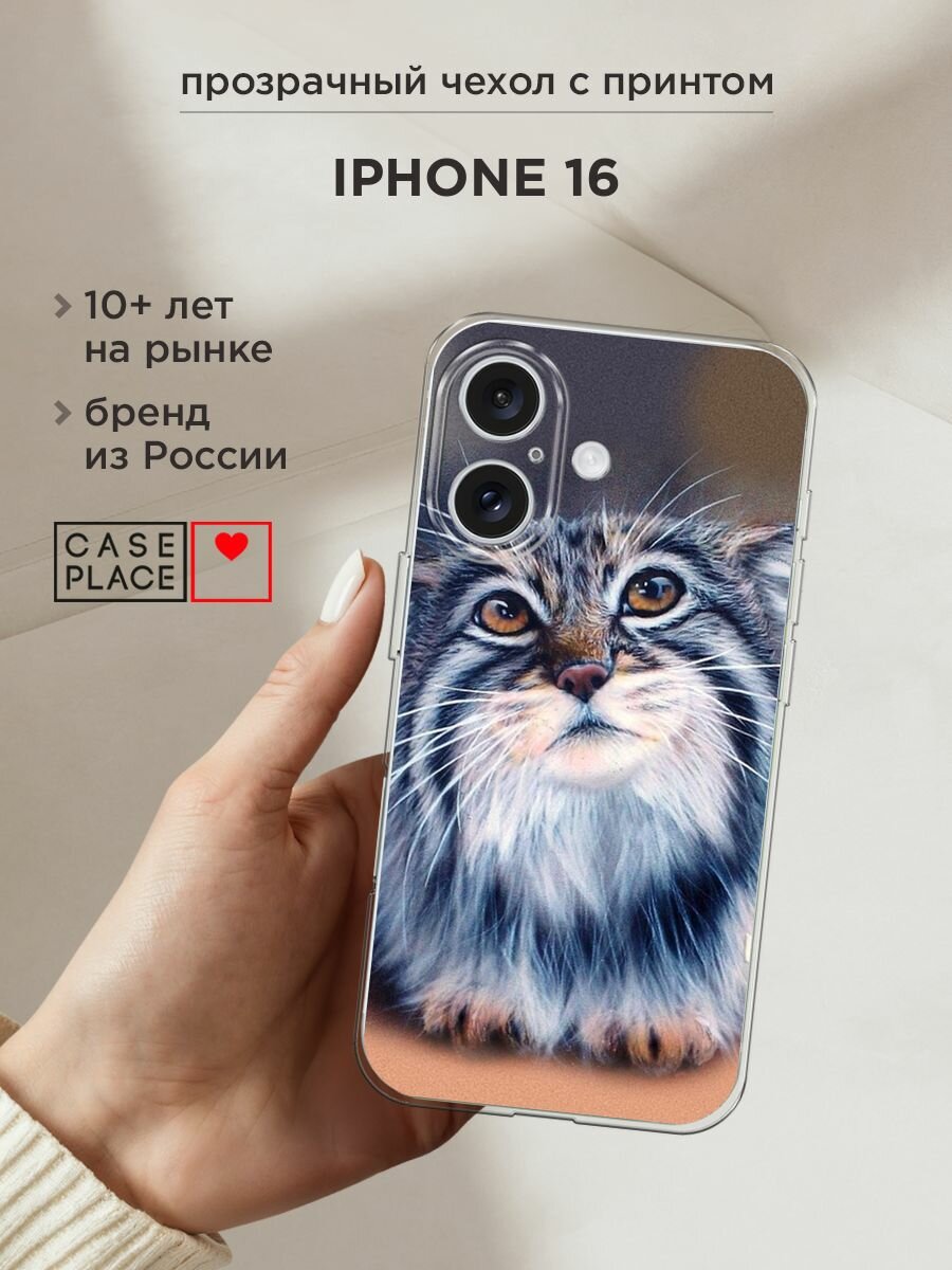 Силиконовый чехол на Apple iPhone 16 / Айфон 16 с принтом "Кот манул 2"