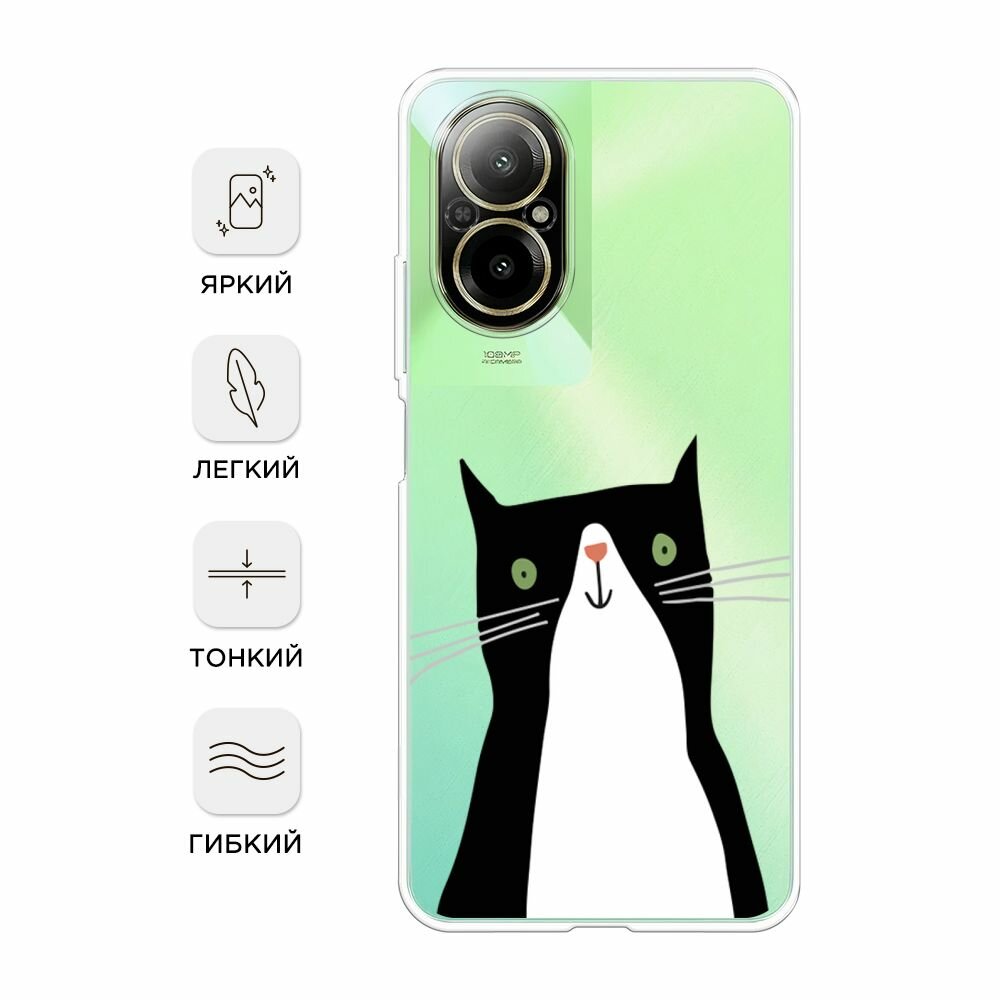 Чехол на Realme C67 4G / Реалми C67 4G с принтом черно-белый кот, прозрачный — фото 1