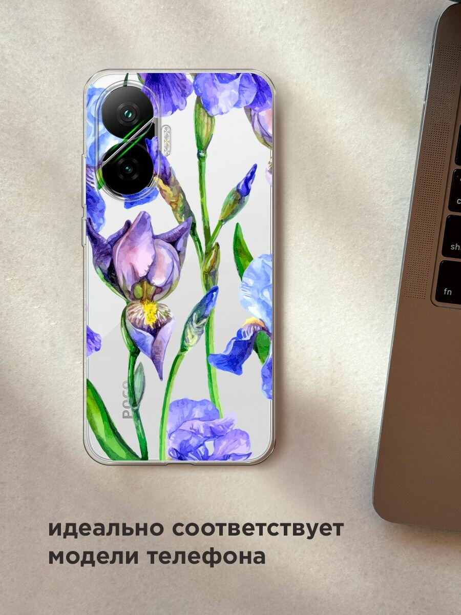 Чехол на Poco F7 / Поко F7 с принтом "Синие ирисы", прозрачный — фото 1