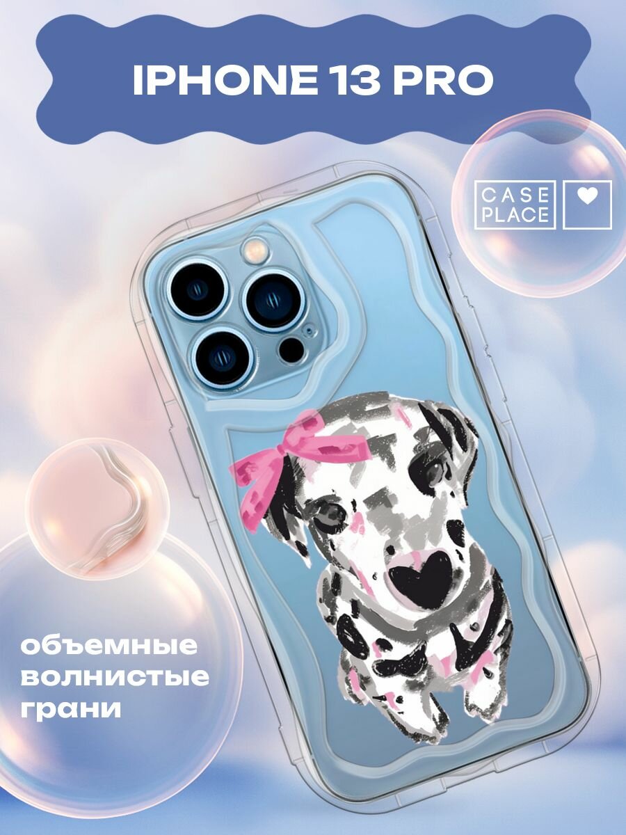 Чехол на Apple iPhone 13 Pro / Айфон 13 Pro с принтом "Далматинец с бантиком 3"