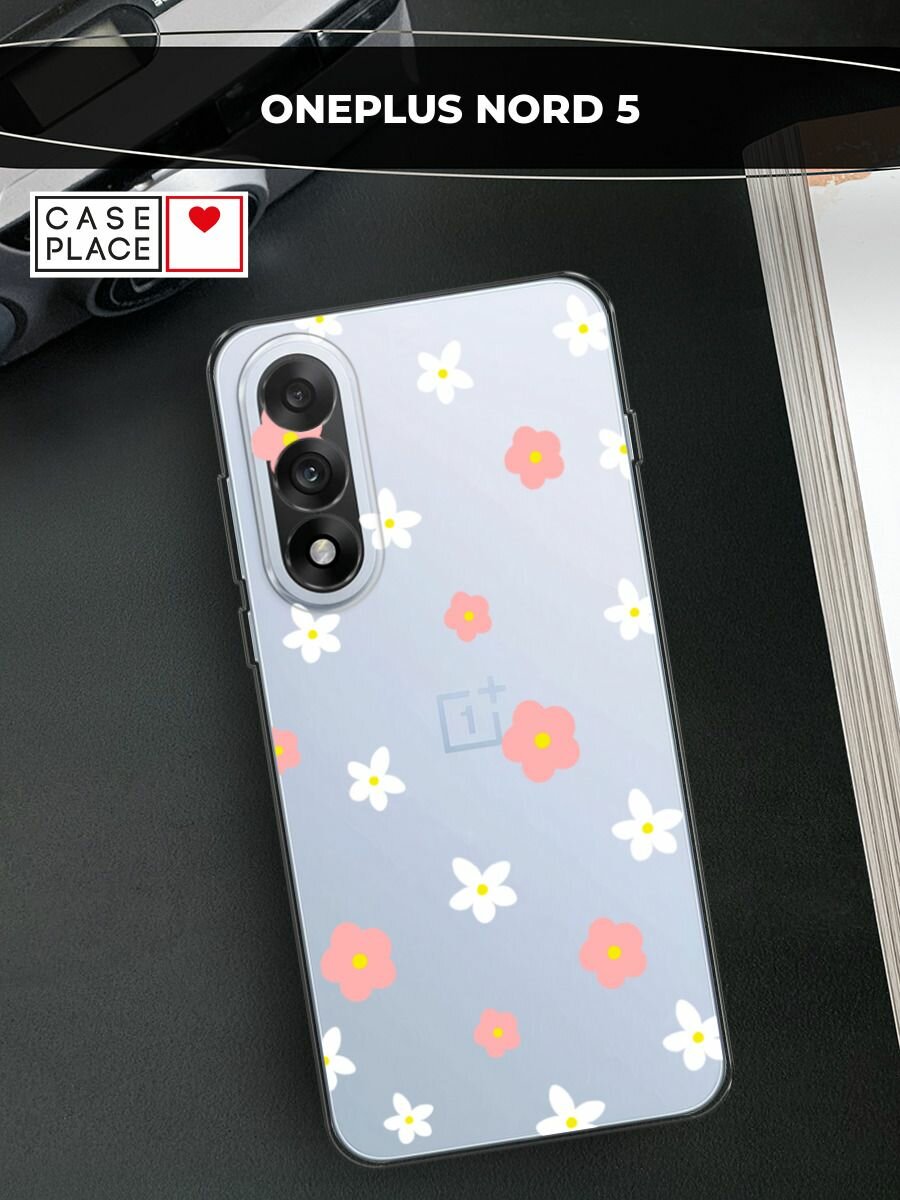 Чехол на OnePlus Nord 5 / Ван Плас Норд 5 с принтом "Розовые и белые цветы", прозрачный