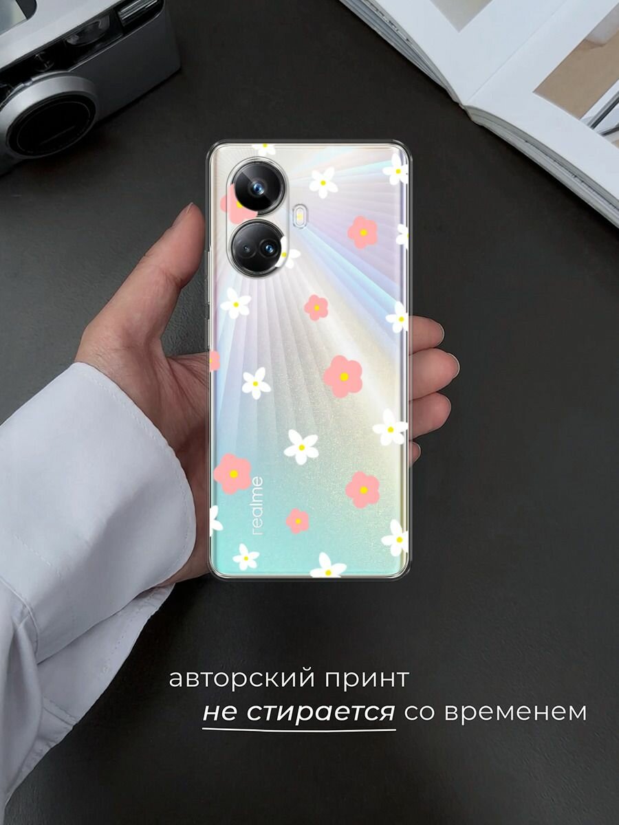 Чехол на Realme 10 Pro+ / Реалми 10 Про+ с принтом "Розовые и белые цветы", прозрачный — фото 1