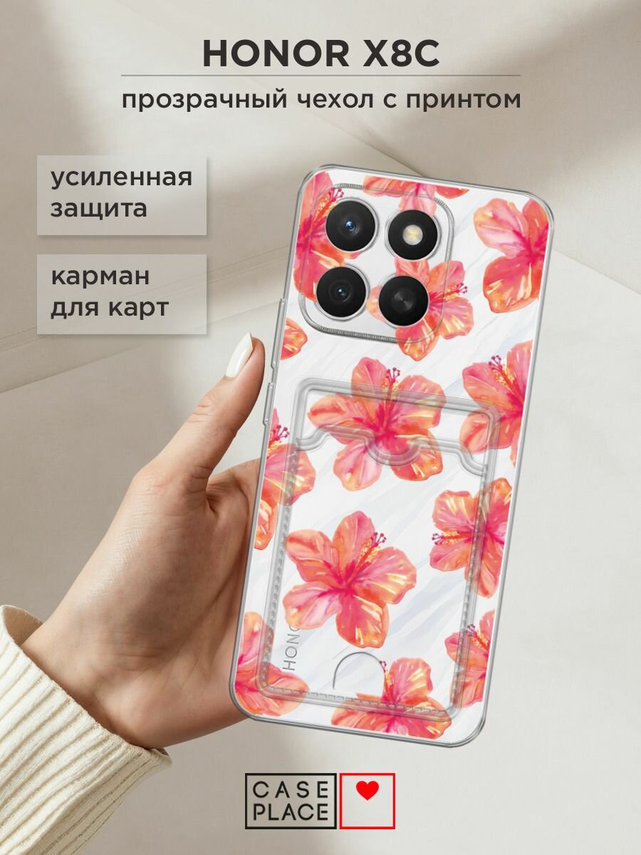 Чехол на Honor X8c (Хонор X8c) с картой и принтом "Pink flowers"