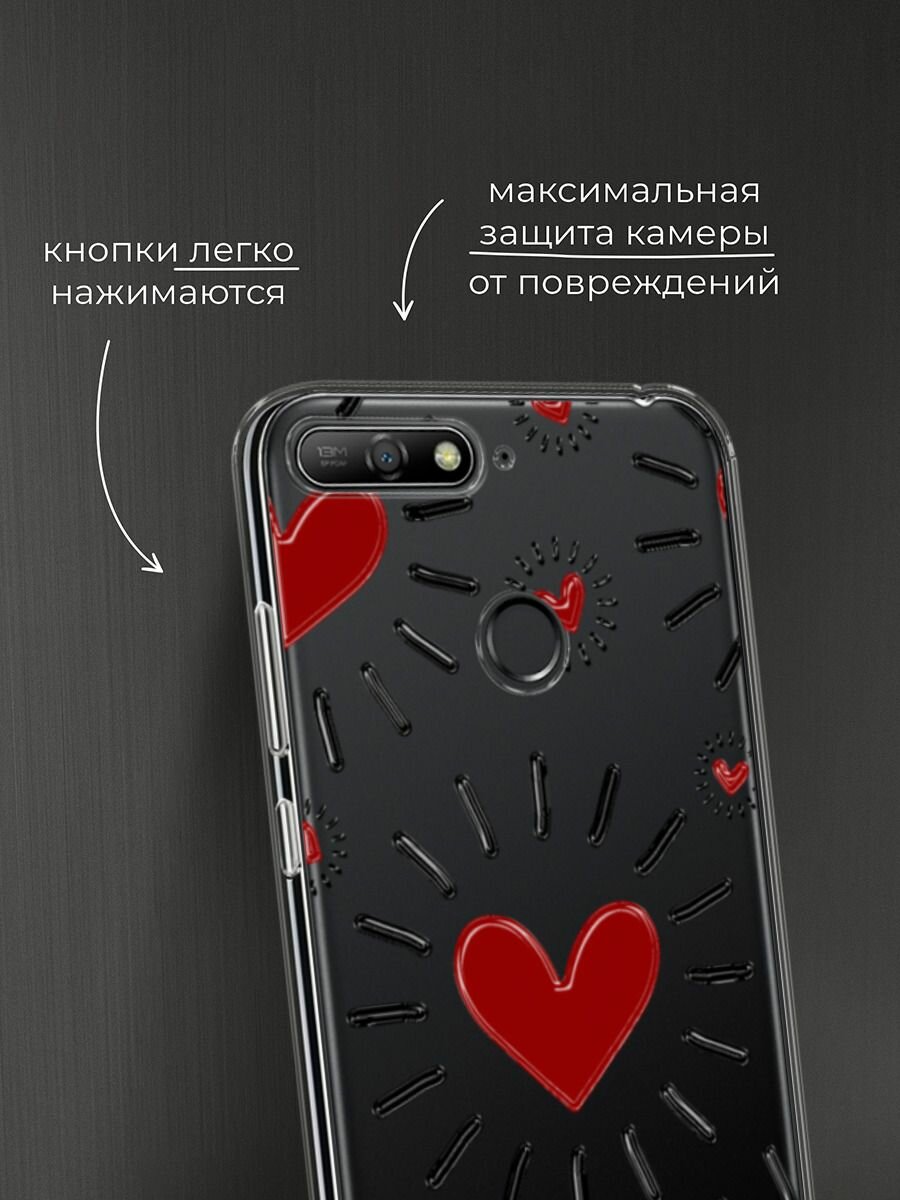 Чехол на Honor 7C/7A Pro/Huawei Y6 Prime 2018 / Хонор 7С/7А Про/Хуавей Y6 Prime 2018 с принтом "Бордовые сердца паттерн" — фото 1
