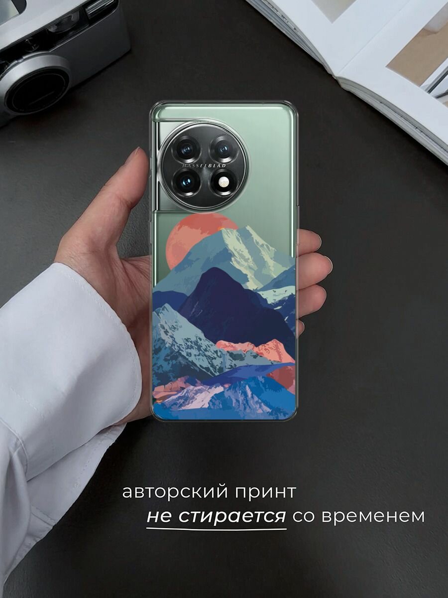 Чехол на OnePlus 11 / Ван Плас 11 с принтом "Закат в снежных горах", прозрачный — фото 1