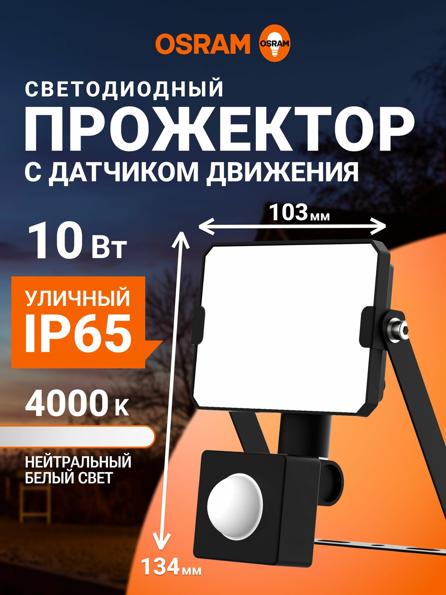 Прожектор светодиодный уличный с датчиком движения OSRAM, 10 Вт, 4000К, IP65