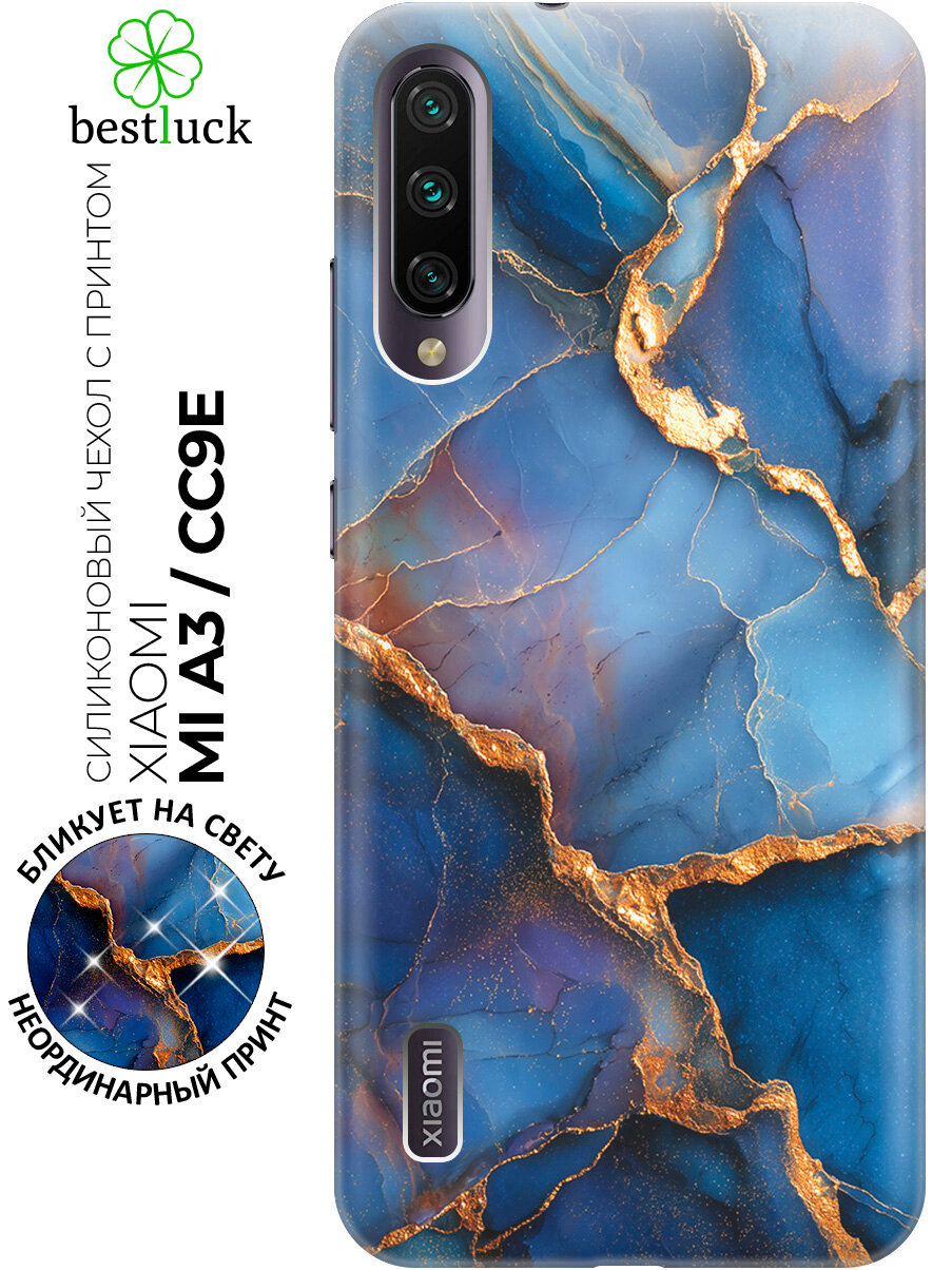 Силиконовый чехол на Xiaomi Mi A3 / CC9e с принтом "Синий мрамор с золотом"
