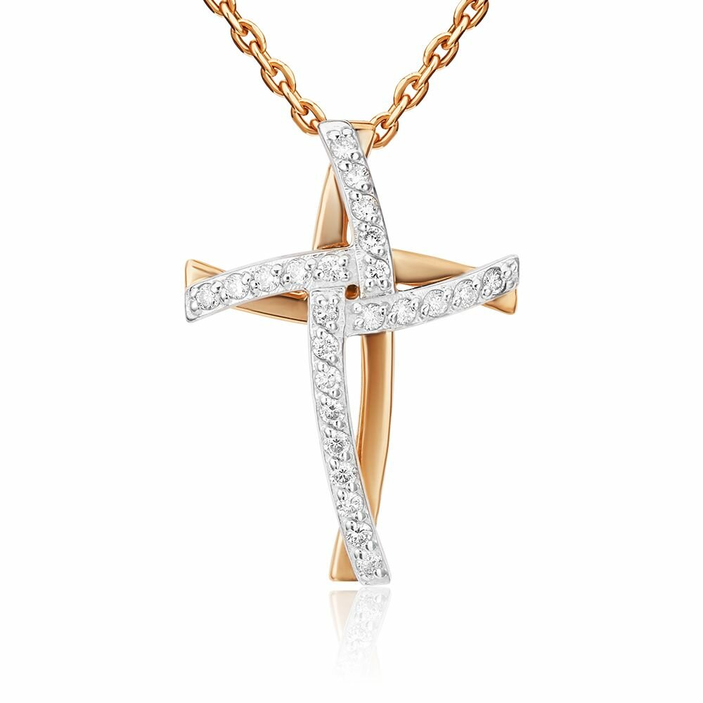 Крестик, комбинированное золото, 585 проба, родирование, бриллиант