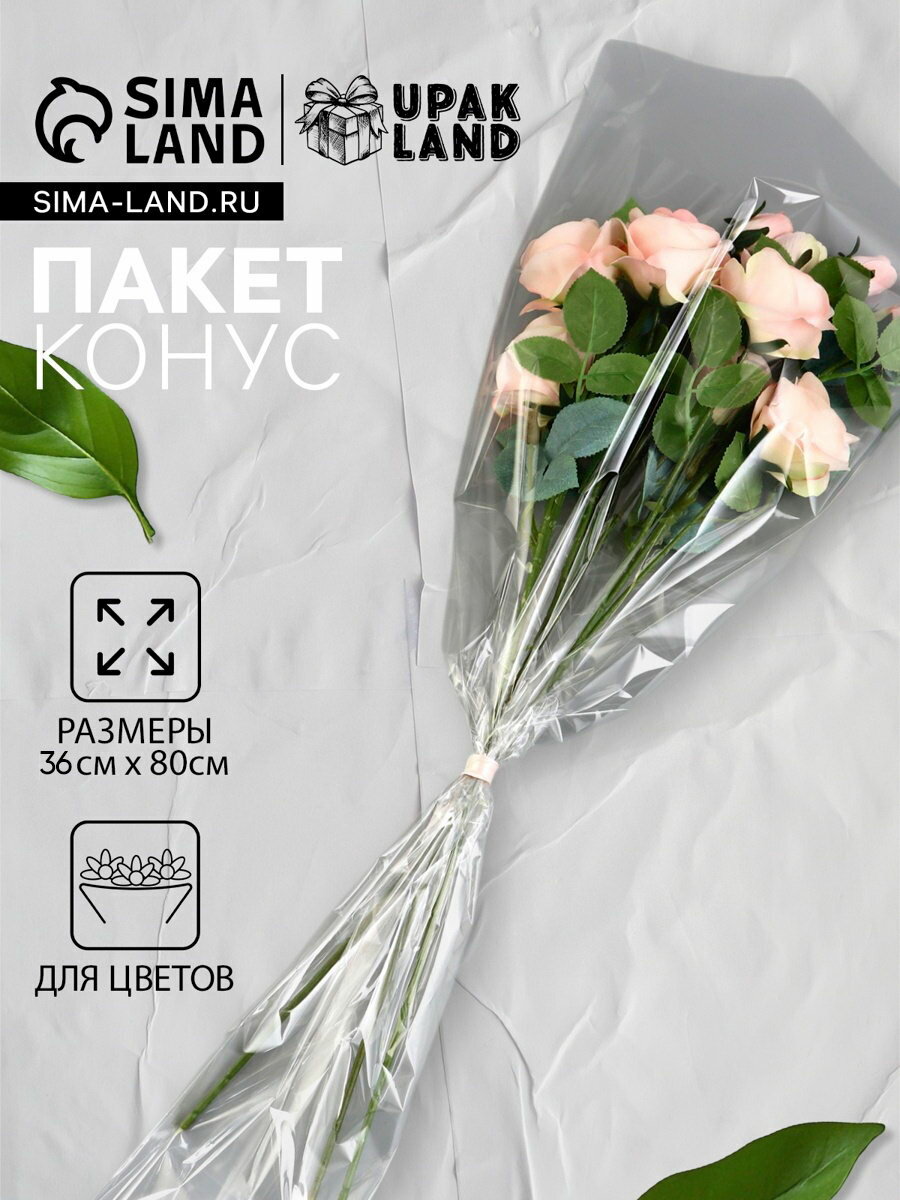 Пакет для цветов, конус, 15+36x80 см, прозрачный, вид: конусы, 50 шт.