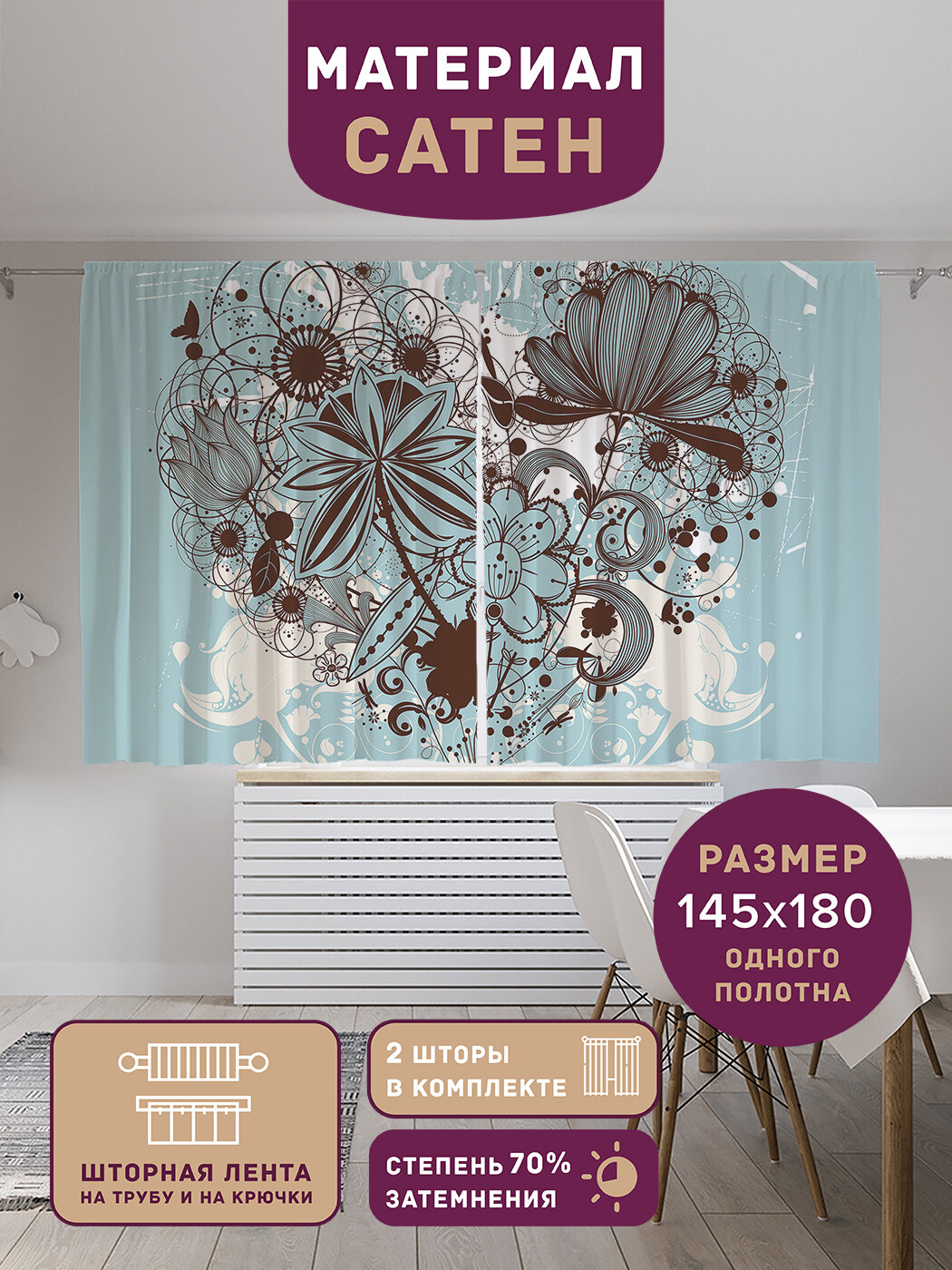 Фотошторы для кухни и спальни "Ажурное сердце", 2 полотна шириной по 145 см, высота 180 см, мульти Фотошторы, сатен