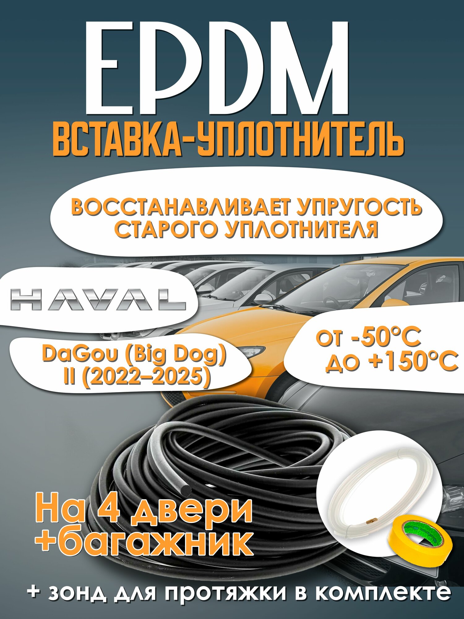 EPDM вставка-уплотнитель для дверей автомобиля HAVAL DaGou (Big Dog) II (2022-2025) / Хавейл Биг Дог ДаГоу 2 поколение