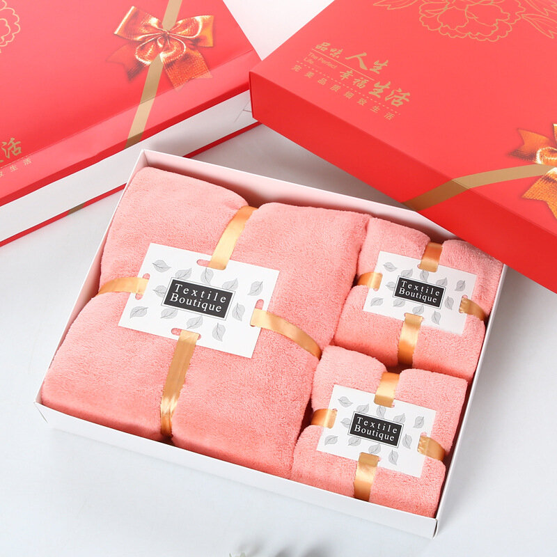 Набор полотенец, Набор вышитых полотенец из хлопка，【2 полотенца + 1 банное полотенце + красная подарочная коробка】