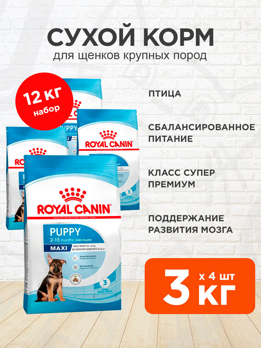 Корм сухой Royal Canin Maxi Puppy для щенков крупных пород в возрасте до 15 месяцев, 3 кг х 4 шт