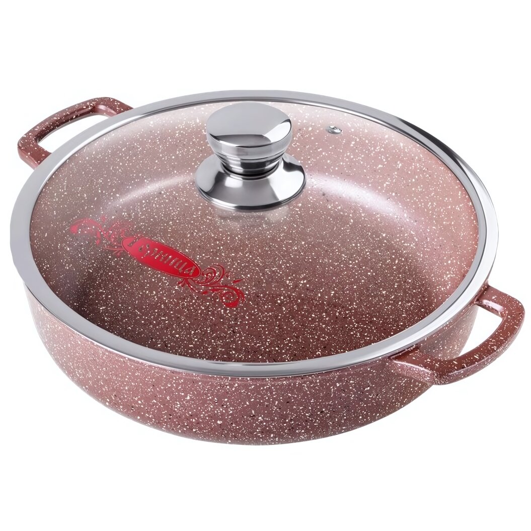 Жаровня литая алюминиевая 2,5 л, 24 см, со стеклянной крышкой, цвет «Шоколад», антипригарное покрытие