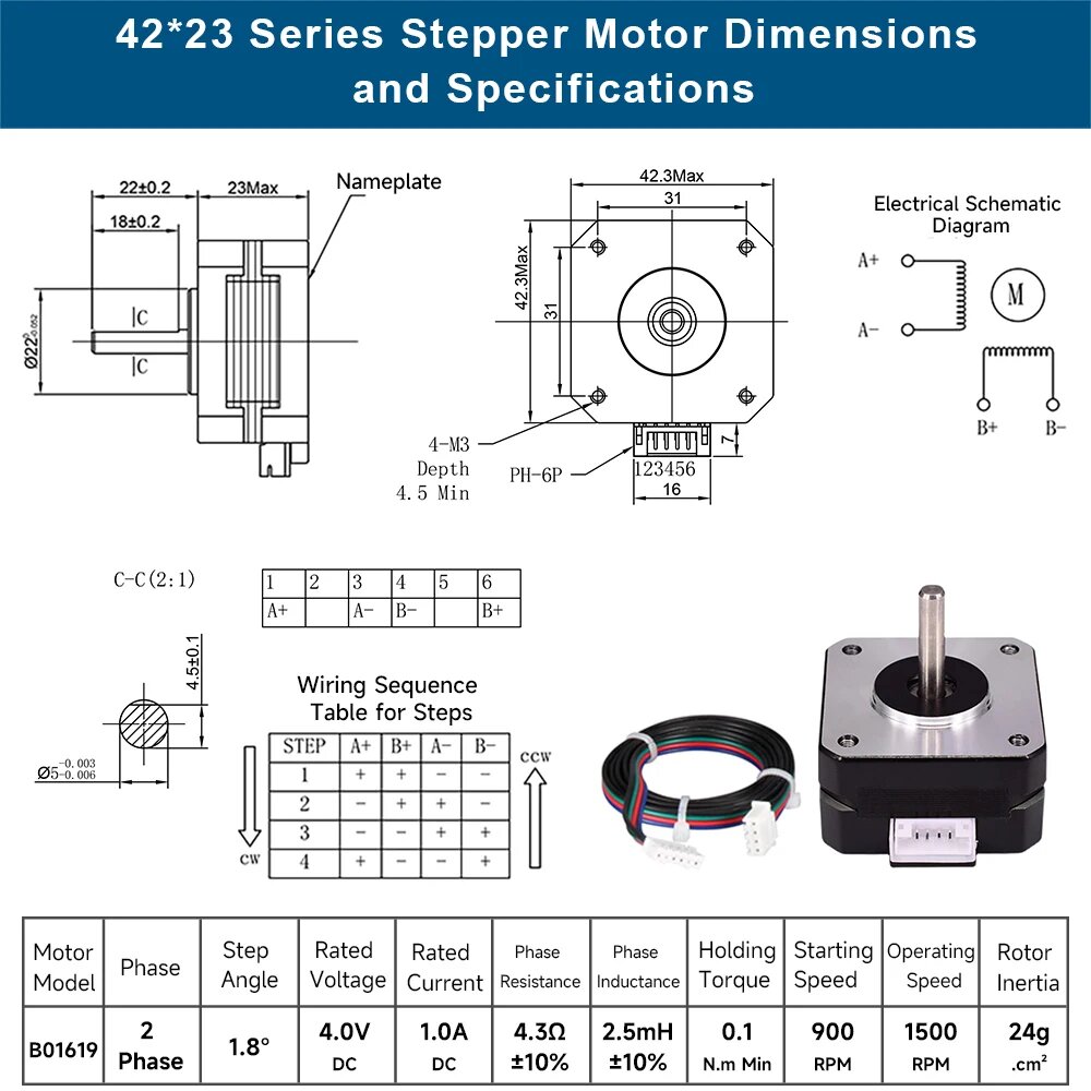 Шаговый двигатель 42x23mm, 2 фазы, 1.8°, 4.0V, 1.0A