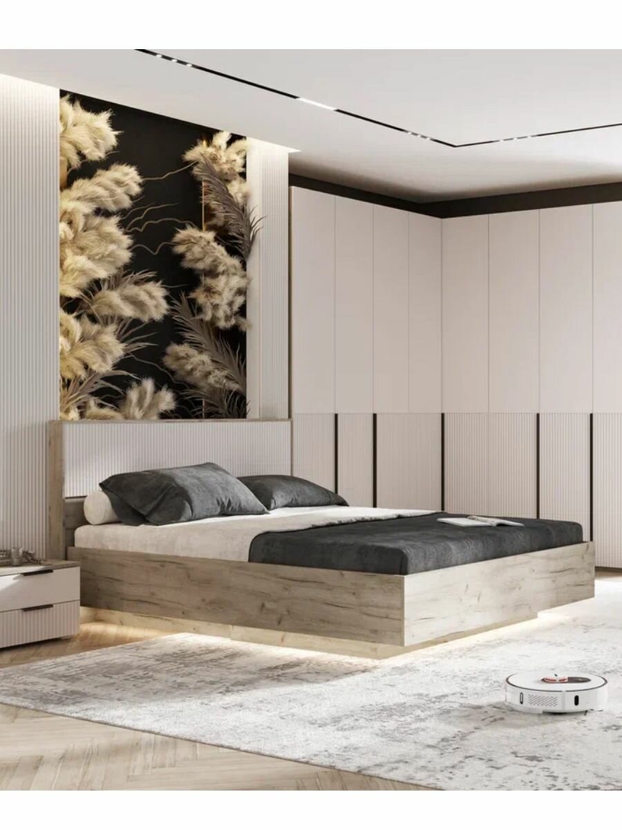 Кровать двуспальная парящая Марвэл 1.6 Дуб Крафт серый/Кашемир, с подъемным механизмом, подсветкой, МИФ