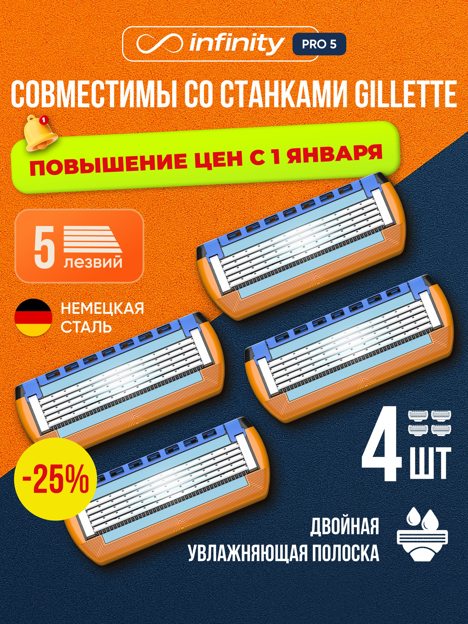 Кассеты INFINITY 4 шт, совместимы с GILLETTE Fusion, 5 лезвий