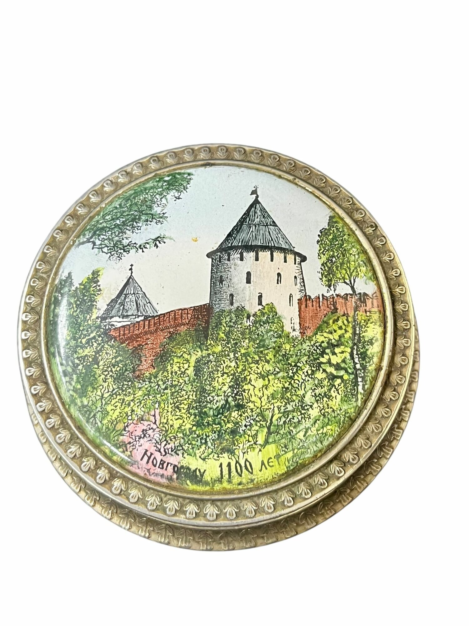 Советская шкатулка мельхиоровая Ленэмальер пудреница, Новгород, клеймо, сделано в СССР