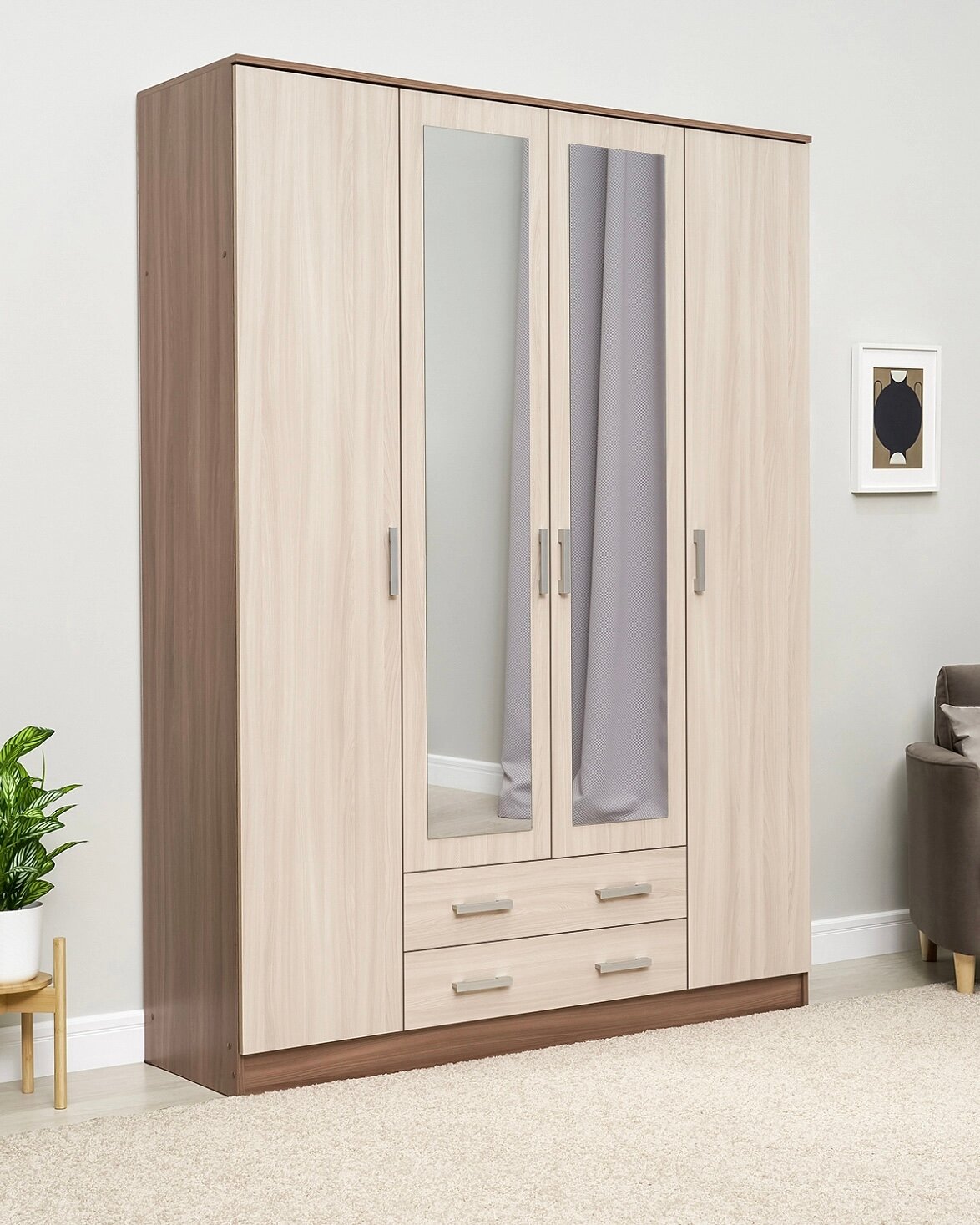 Шкаф Квадро распашной для одежды, четырехстворчатый, 160×220×50 см, ясень шимо темный / светлый