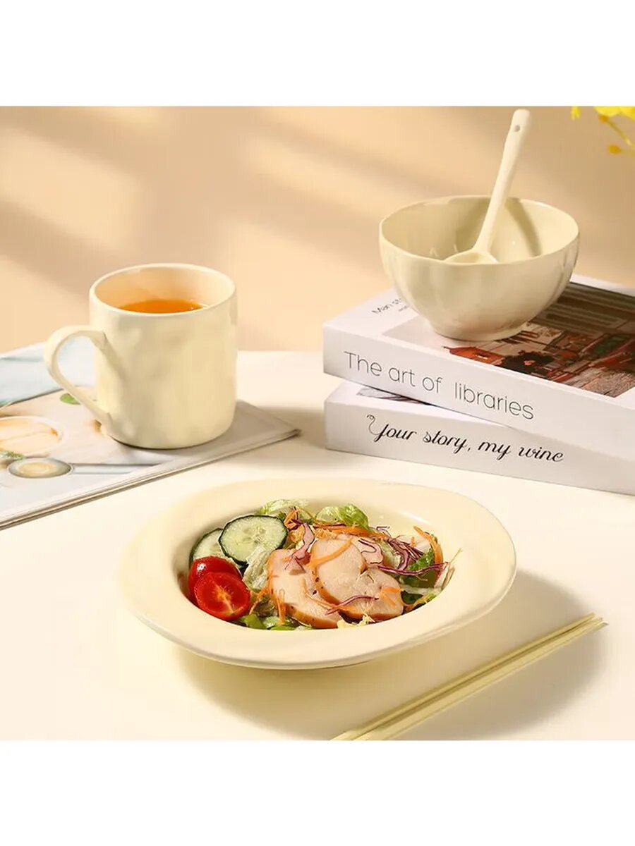 Набор посуды 5 предметов, кремовый, керамика, текстура