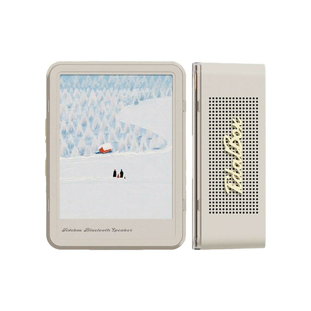 Умная Bluetooth-колонка BaYuYPOO с цифровым фотодисплеем — объемный звук 360°, 12 часов воспроизведения, кремово-белый цвет, современный дизайн для дома, спальни, офиса.