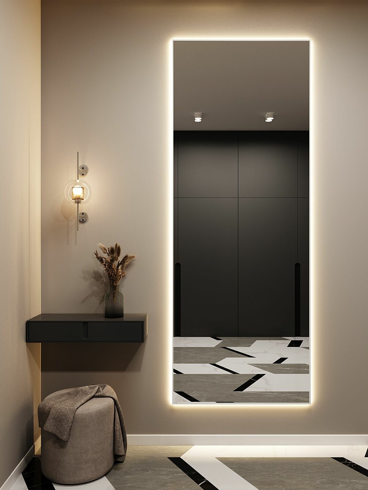 Зеркало настенное 220х80 см. белое с подсветкой. Свет: Теплый белый 3000К. В алюминиевой раме интерьерное BLX MIRROR