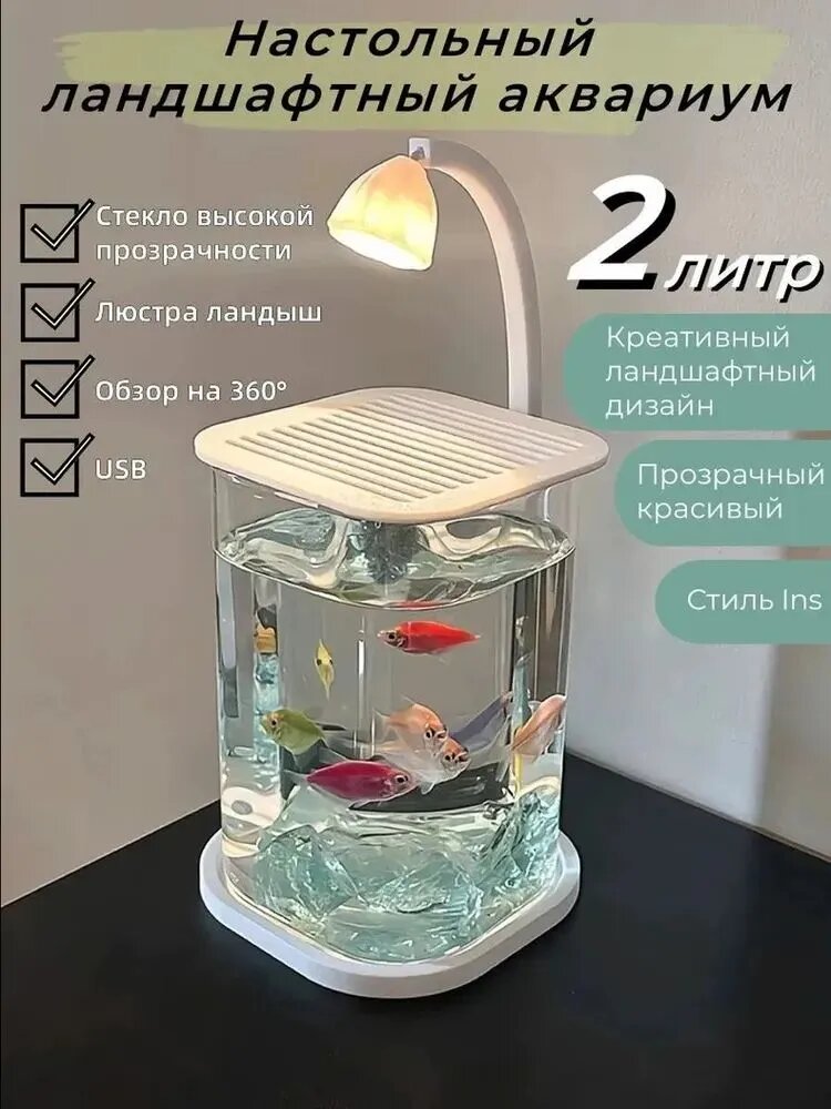 Набор аквариума для петушков "Ледяная синева" - мини-аквариум из сверхпрозрачного стекла (10 10 15см + LED-подсветка + кристаллы)