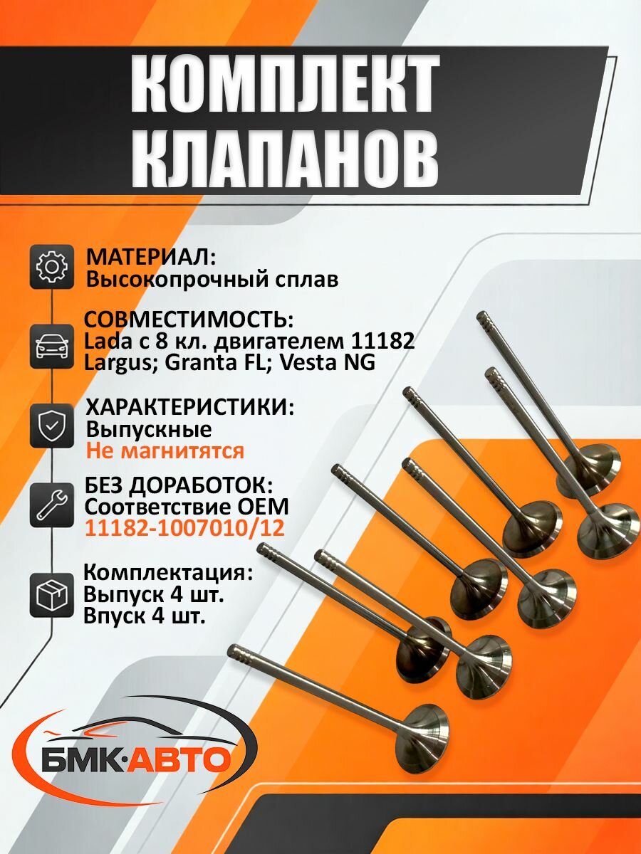 Комплект клапанов (впуск и выпуск) 11182-1007010 для двигателя ВАЗ 11182 Лада Ларгус / Гранта FL / Веста NG бмк-авто