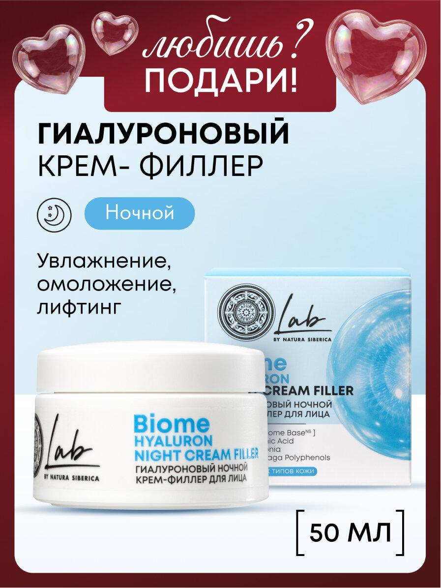 Ночной крем для лица Natura Siberica Lab Biome гиалуроновый увлажняющий, омолаживающий антивозрастной от морщин 50 мл