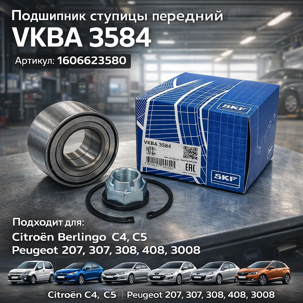 Подшипник ступичный передний VKBA3584 1606623580 Citroen Berlingo C4 C5 Peugeot 207 307 308 408 3008
