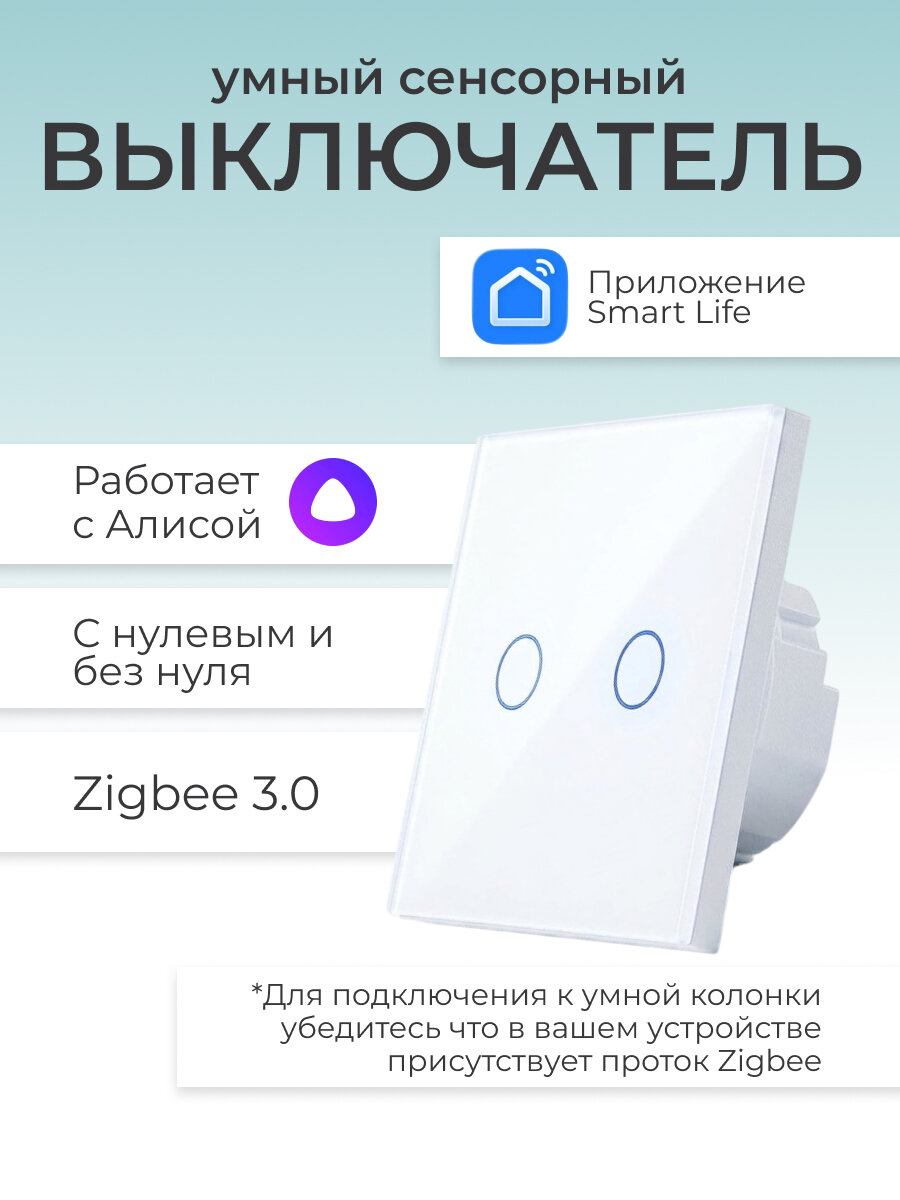 Умный сенсорный выключатель Zigbee 3.0, сенсорный, 2 клавиши, Smart Life, для умного дома