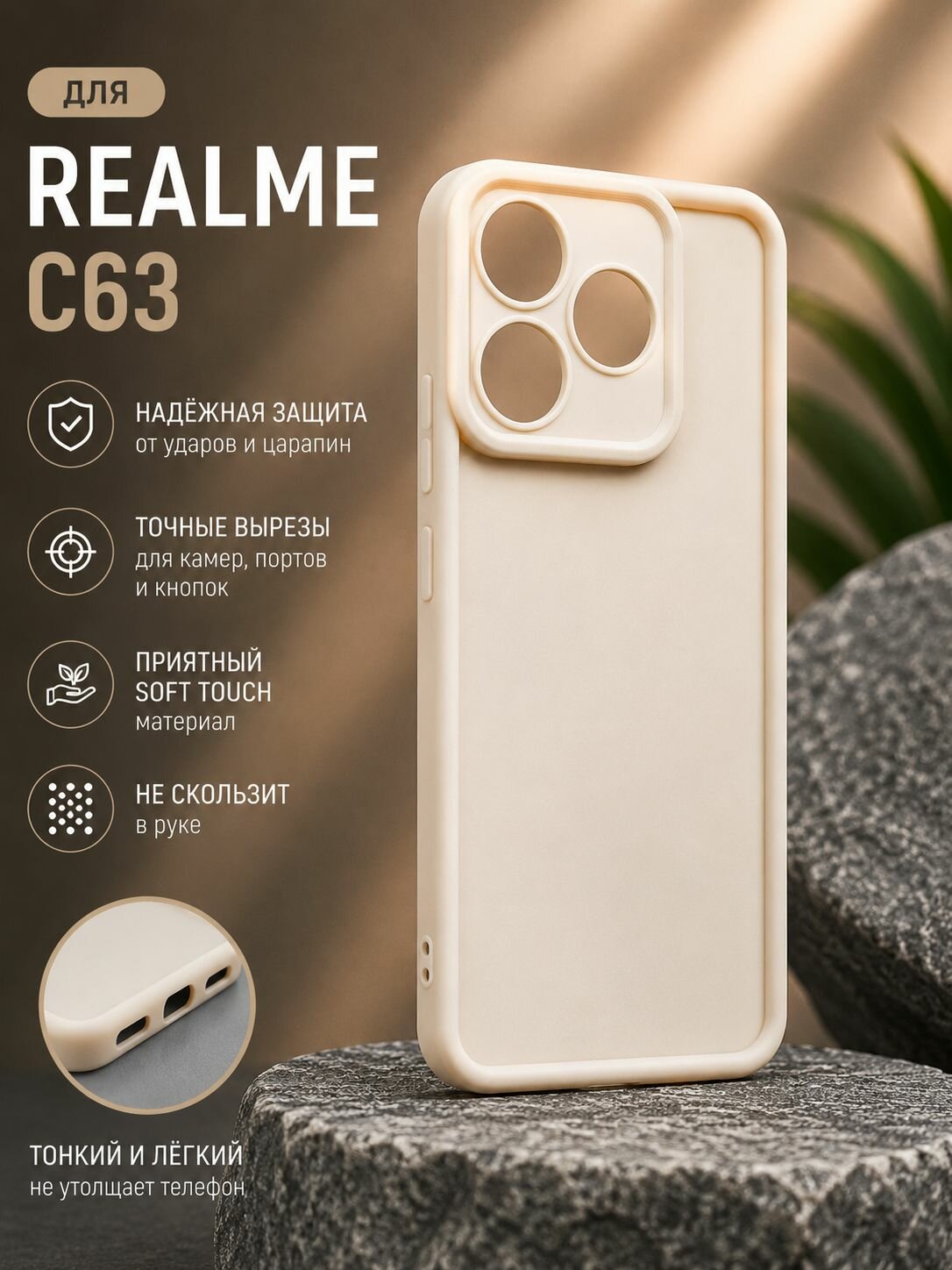 Силиконовый, противоударный чехол для realme c63 (рилми ц63), накладка с защитой камеры, приятный на ощупь, прочный и стильный, белый