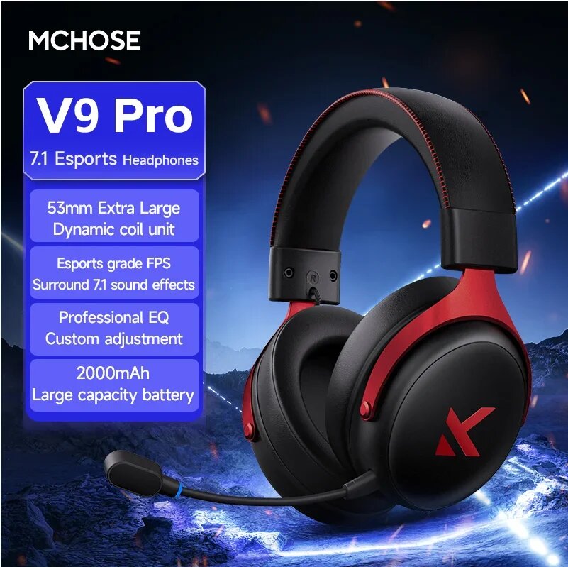 Игровая Гарнитура MCHOSE V9 Pro, Беспроводная, С Объемным Звуком 7.1, Низкой Задержкой