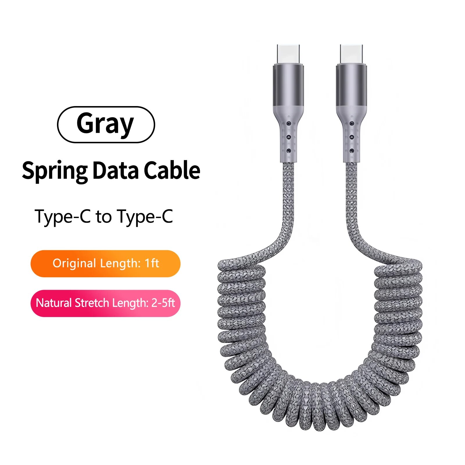 Кабель USB-C на Type-C витой, плетеный, 90 градусов, выдвижной, для быстрой Серый, Grey Straight C-C