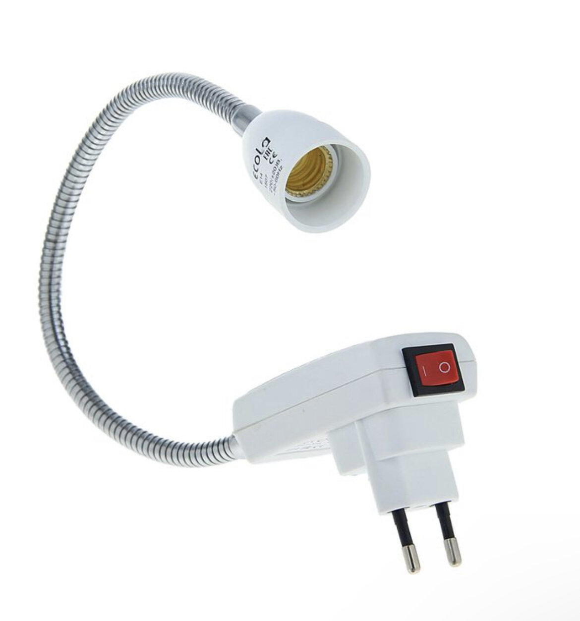 Переходник Ecola, вилка-патрон Е14, 395 х 45 мм, с выключателем, белый