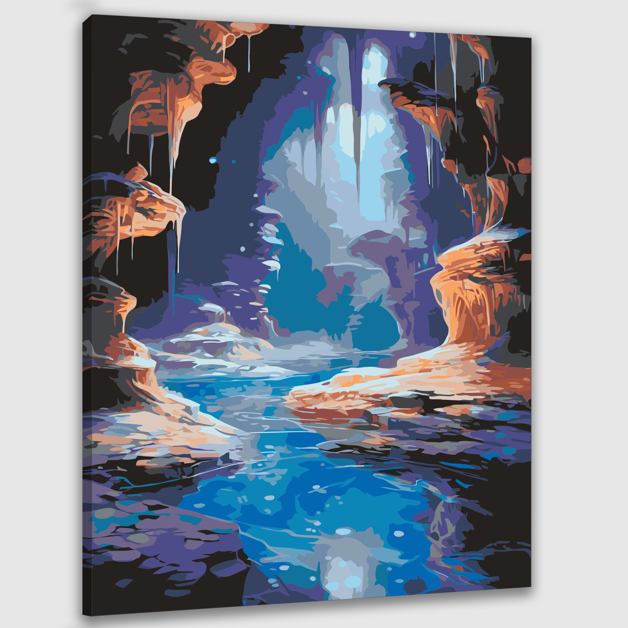 Картина по номерам 40x50 см, картина, масло, подземная пещера, сияние, бассейн с биолюминесцентн, скальные образования