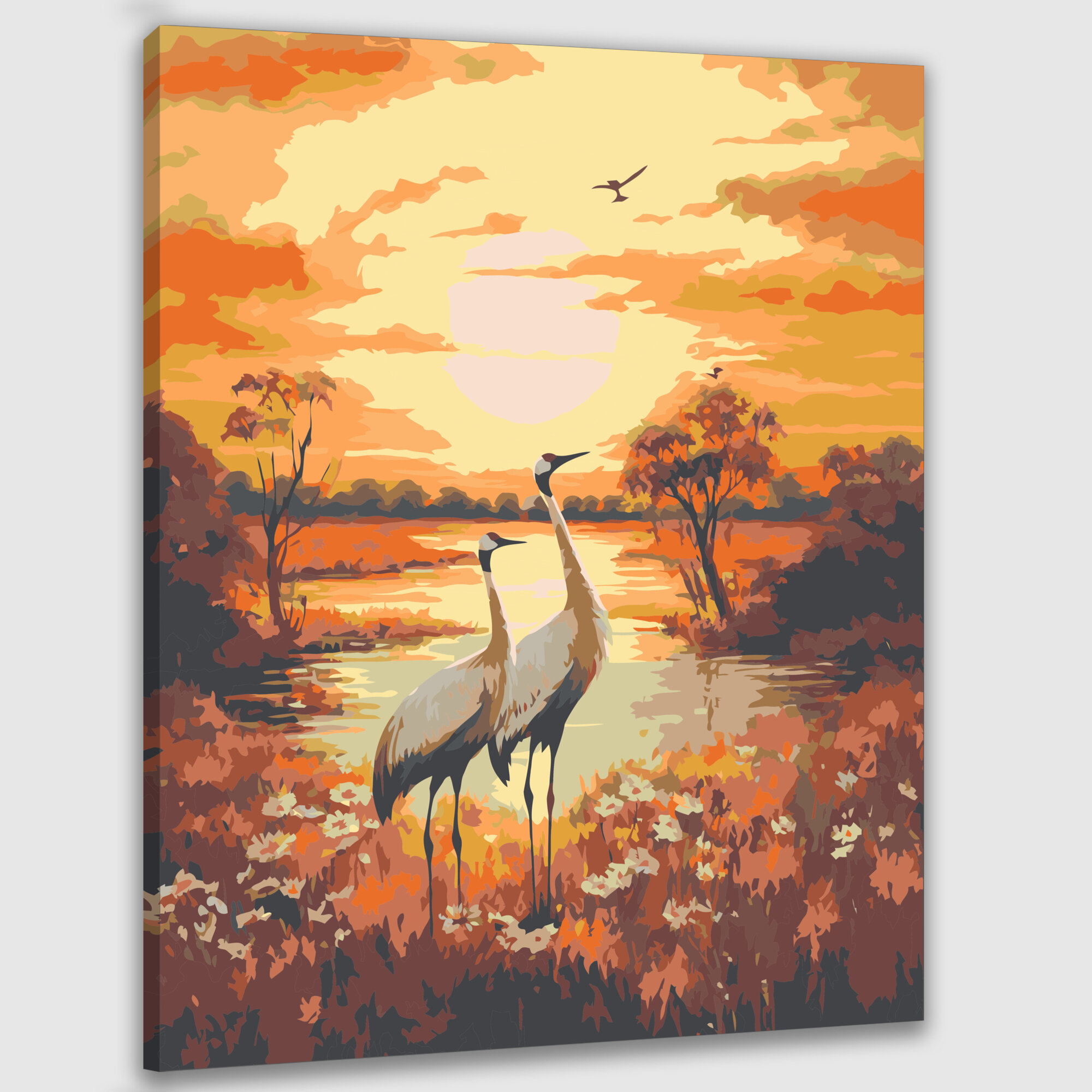 Картина по номерам 40x50 см, картина маслом, пейзаж, золотые поля, горизонт, полевые цветы, журавли, небо, крылья, тени