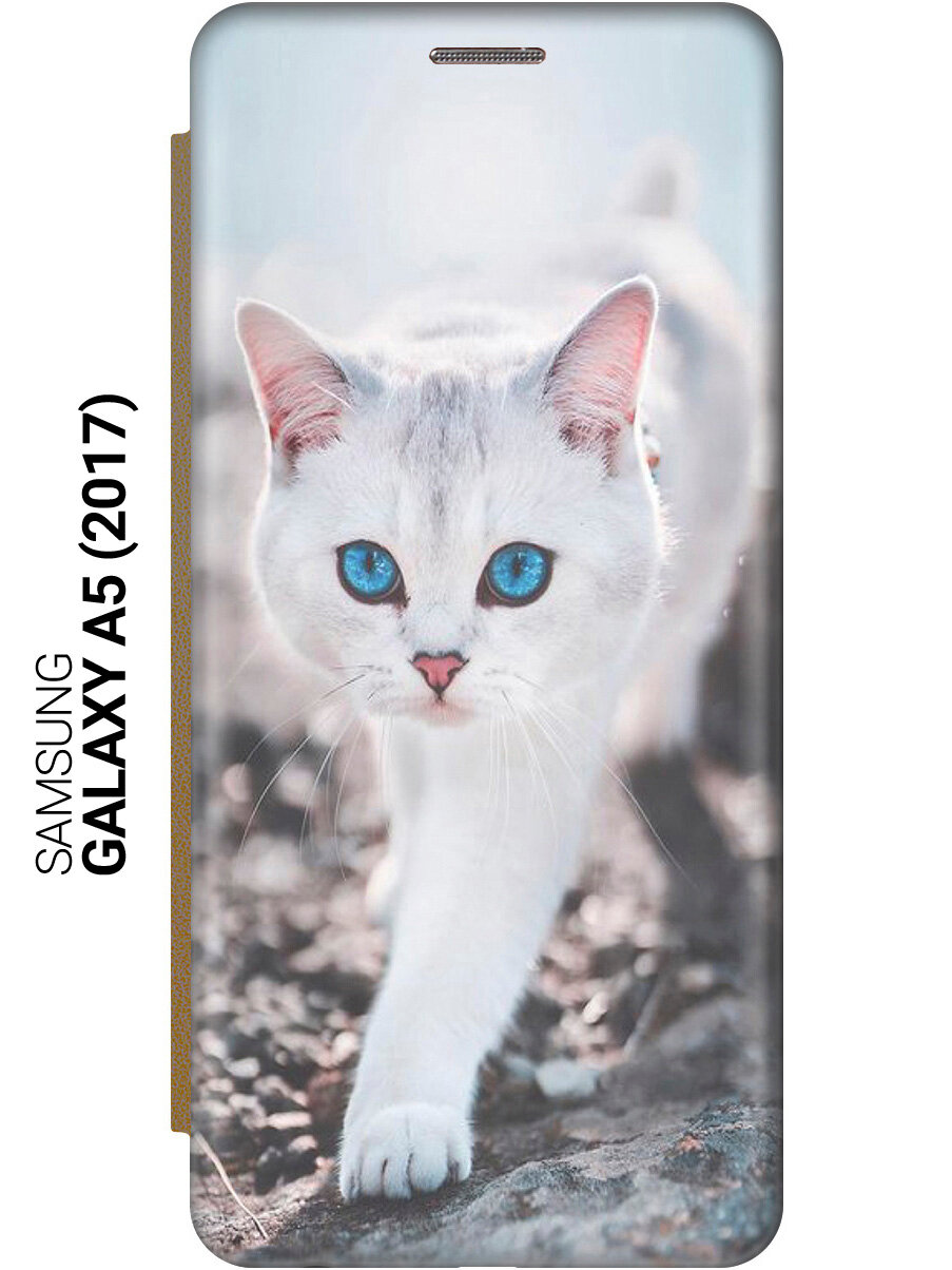 Чехол-книжка на Samsung Galaxy A5 (2017), Самсунг А5 2017 с 3D принтом "Голубоглазый кот" золотой
